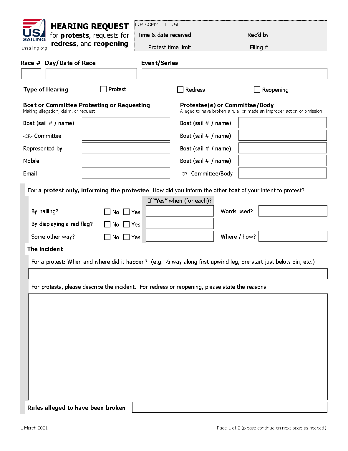 Sailing Hearing Request Form (former Protest Form)- US Sailing